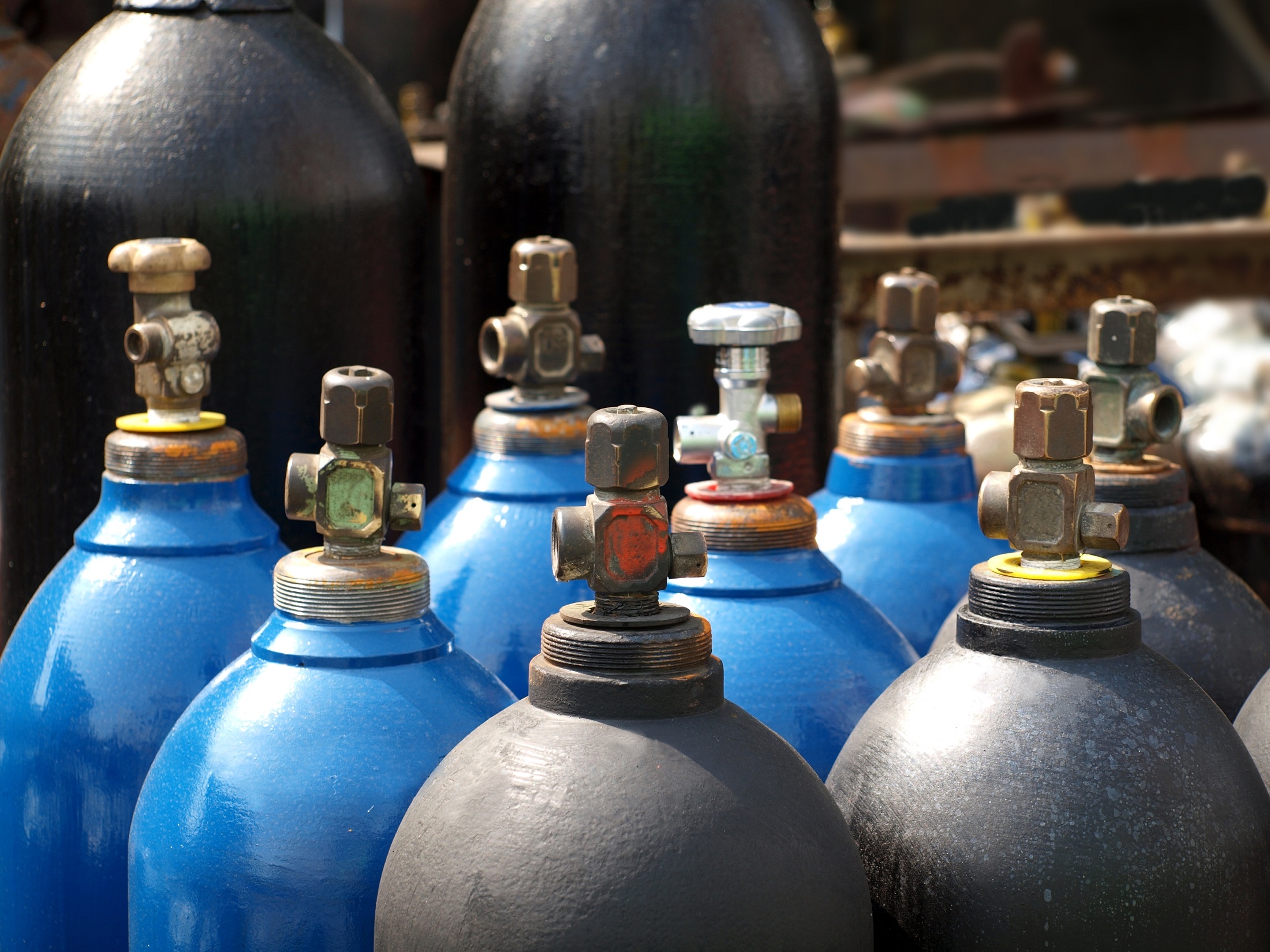 Different types of gas bottles used in the workplace